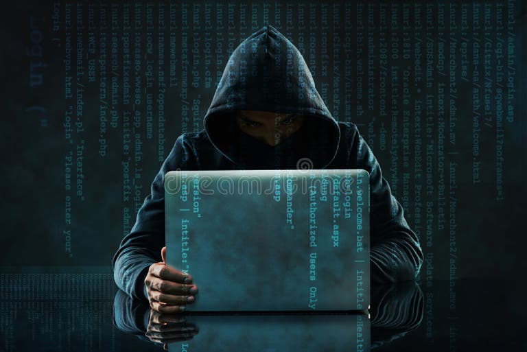 Coding Overlay And Hacker On Laptop In Dark For Programming Malware