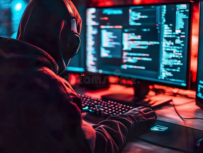 Coding Overlay And Hacker On Laptop In Dark For Programming Malware And Information Technology