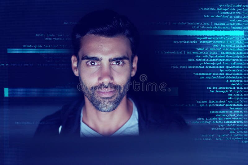 Coding Overlay And Man At Night On Computer For Programming Software