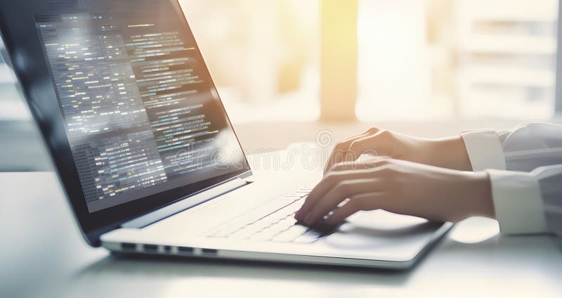 Coding Programmer Software Engineer Working On Laptop On Virtual Screen High Key Ai