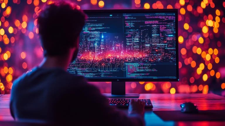 Coding Programmer Working Late at Night with Futuristic City View Stock Illustration ...