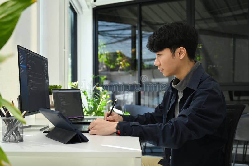 Coding Programmer Working On Software Development On Desktop Computer At Modern Office Stock