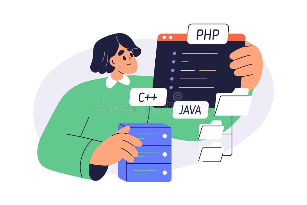 Coding, Programming, Back-end Development Concept. Software Engineer Working with Different ...