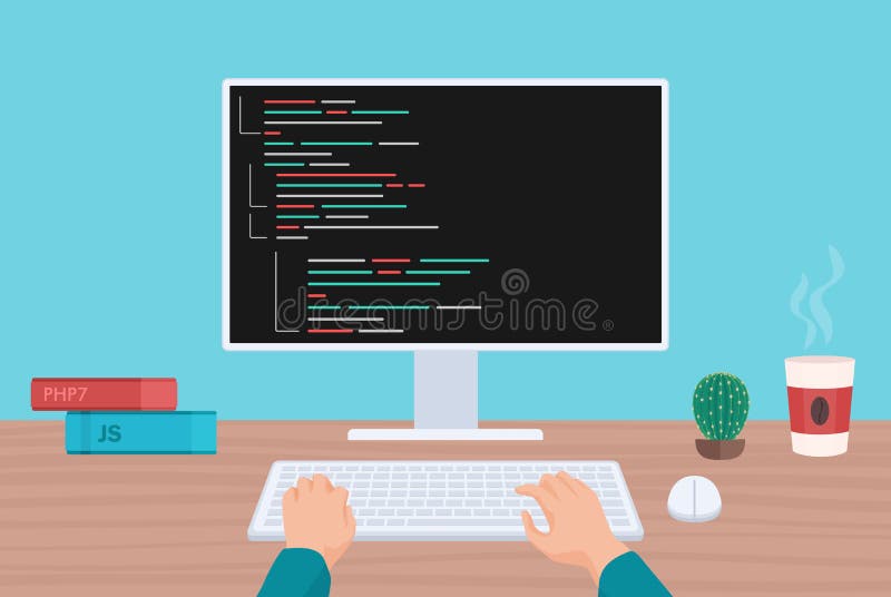 Man Programmer Hands Working On His Pc Computer Coding And Programming Head Monitor View