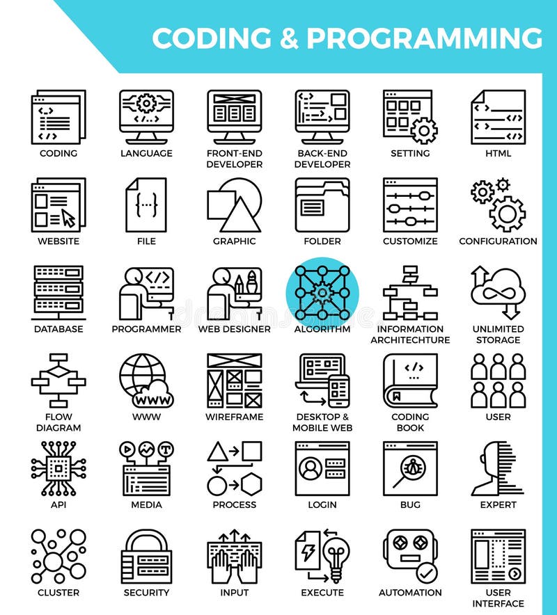 Coding And Programming Concept Detailed Line Icons Stock Vector