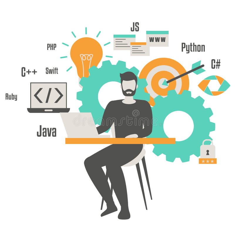 Vector Illustration Technology And Design Concept Worker Designing And Programming On Pc In
