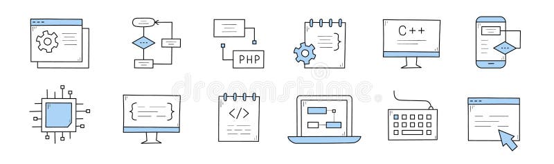 Coding And Programming Doodle Icons Vector Set Stock Vector Illustration Of File Coding
