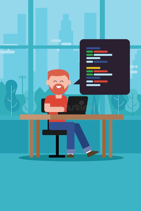Coding Programming Script Man With Beard T Shirt Sitting Working On Laptop On Table Stock Vector