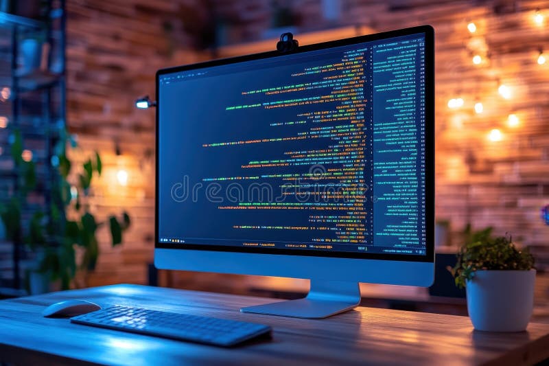 Coding Session in a Cozy Workspace with Ambient Lighting during Evening Hours Stock Photo ...