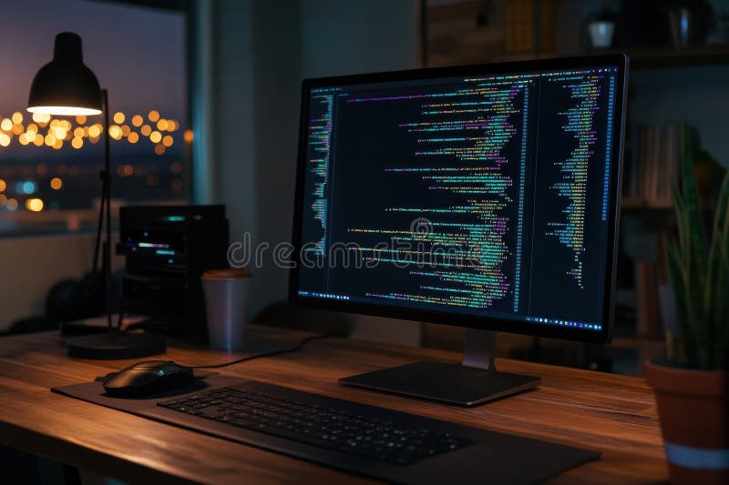 Coding Session at Dusk with Illuminated City Skyline and Computer Setup Stock Photo - Image of ...