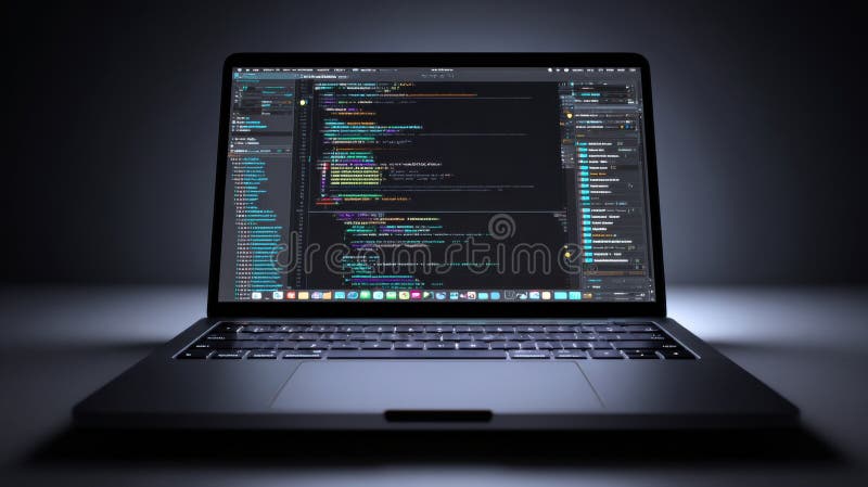 Coding Session with Laptop Displaying Colorful Programming Code in a Dimly Lit Environment Stock ...