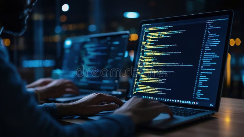 Coding Session With Laptops Programmers Working At Night Illuminated Screens Stock Image