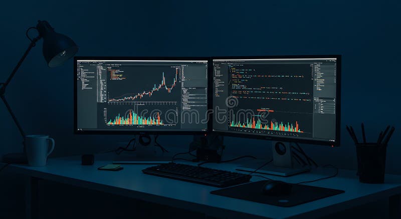 Coding Setup With Dual Monitors Displaying Data And Programming Code