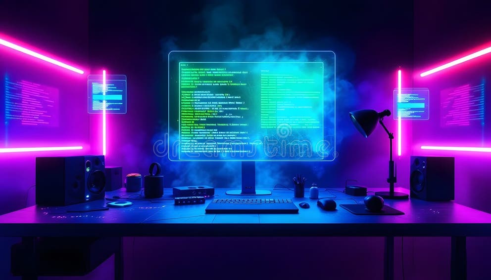 Coding Setup with Neon Lights and Computer Screen Displaying Code Stock ...