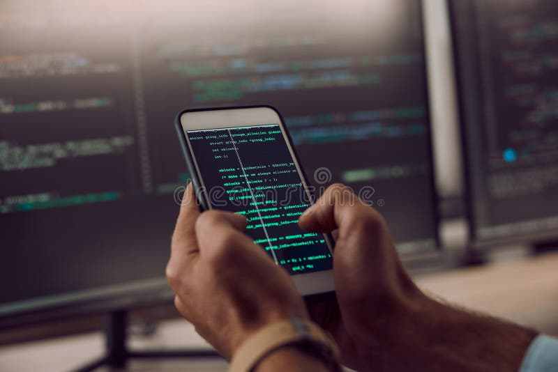Coding Smartphone In Hands And Man Programmer And Computer Software