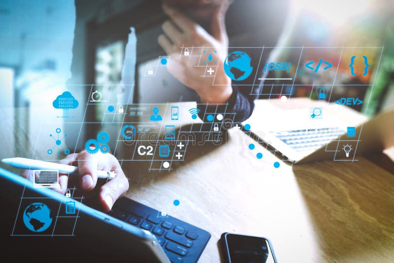 Website Designer Working Digital Tablet Dock Keyboard and Computer ...