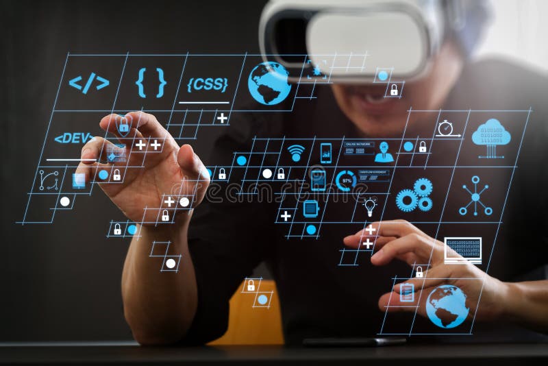 Businessman Wearing Virtual Reality Goggles in Modern Office Wit Stock ...