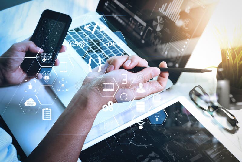 Business Man Hand Working on Computer Laptop Computer and Digital ...