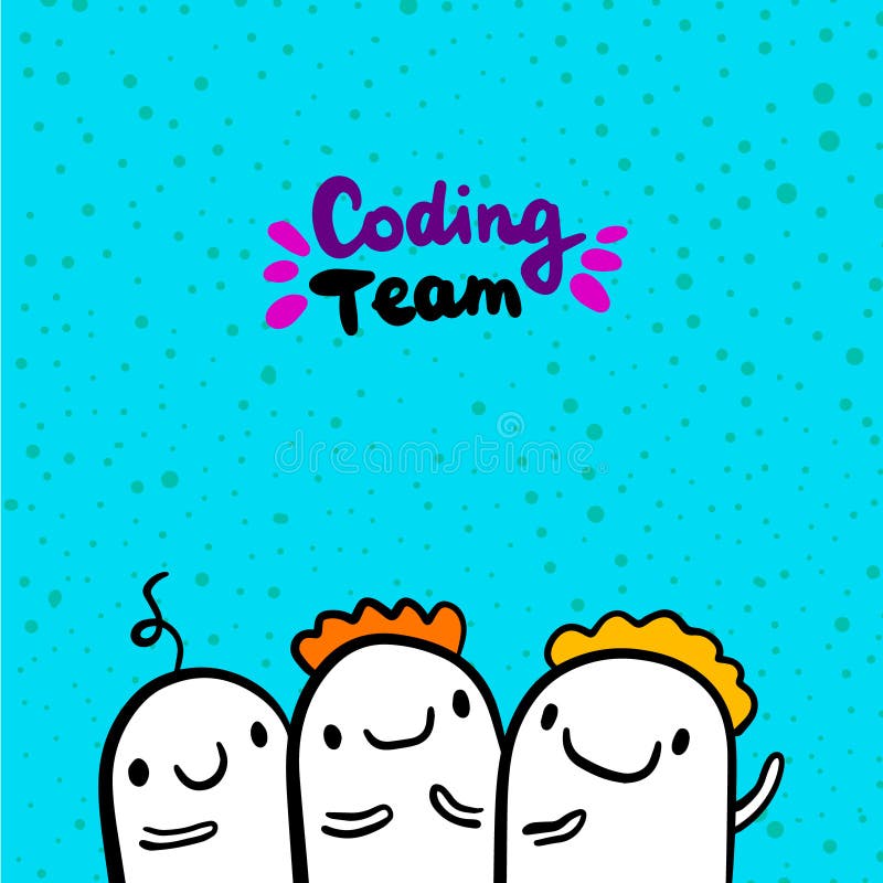 Coding Team Hand Drawn Vector Illustration in Cartoon Style. Happy ...