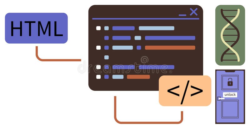 Coding and Technology Concepts with HTML, Development Code Screen, and DNA Representation Stock ...