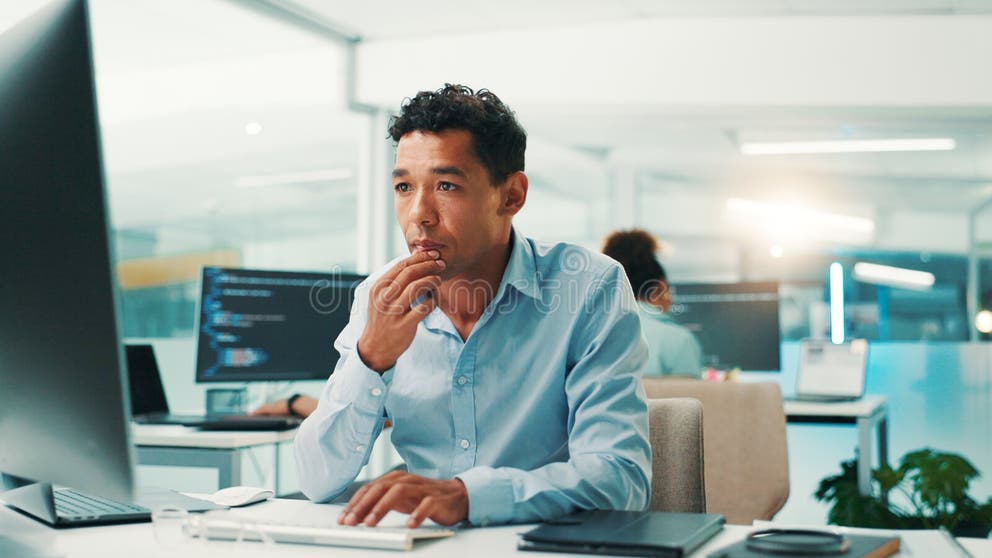 Coding Thinking And Man On Computer In Office For Problem Solving Web