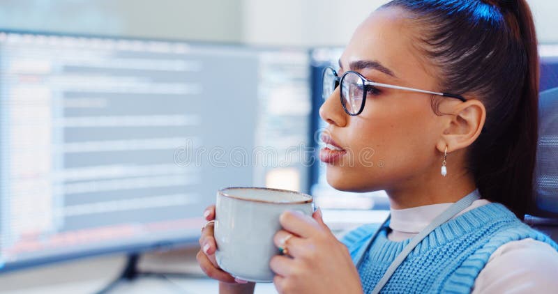 Coding Woman Or Coffee With Computer For Software Development Reading Information And System
