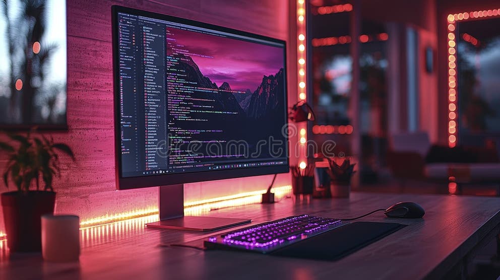 Coding Workspace with Colorful LED Setup Stock Illustration ...