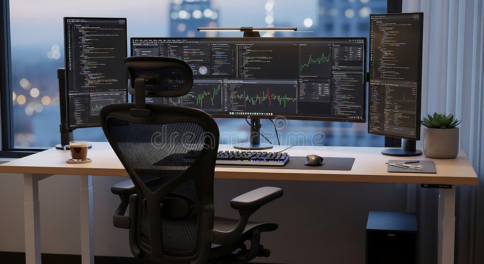 Coding Workspace Developer Desk Setup with Multiple Monitors Stock ...