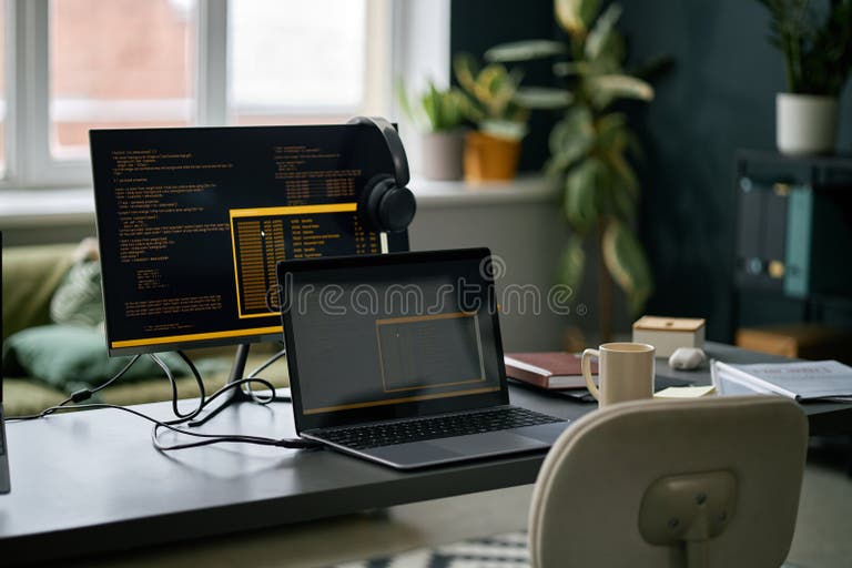 Coding Workspace with Dual Monitor Setup in Modern Office Stock Image ...