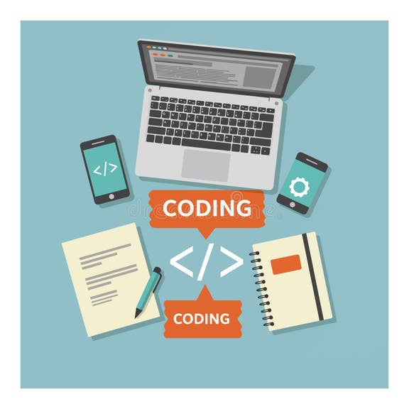 Coding Workspace with Laptop Smartphone Notebook and Coding Symbols ...