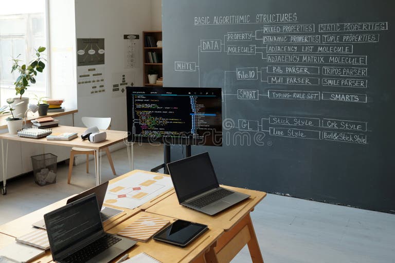 Coding Workspace with Monitors and Whiteboard Notes Stock Photo - Image ...