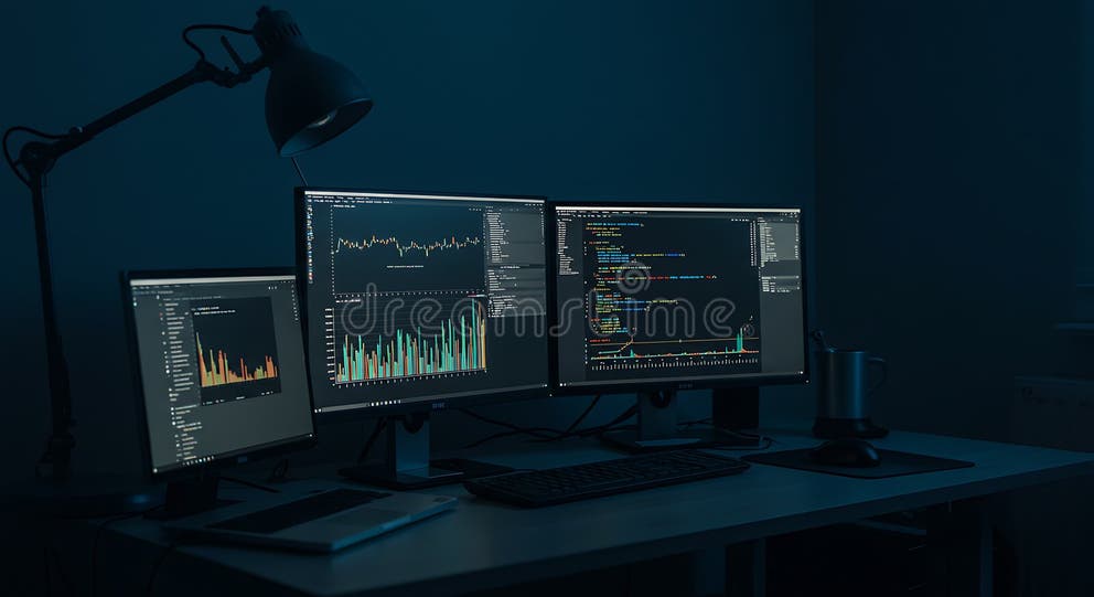 Coding Workspace with Multiple Monitors Displaying Programming Code and Statistics Stock ...