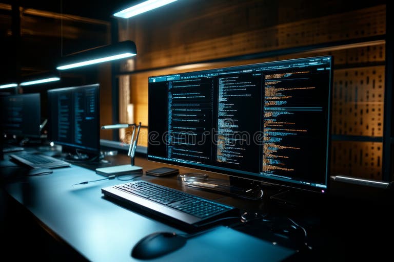 Coding Workspace with Multiple Monitors Displaying Programming Languages and Data Analysis in a ...