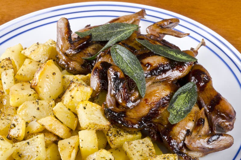 Codornices Asadas a La Parilla Con La Ensalada Del Arugula Imagen de ...