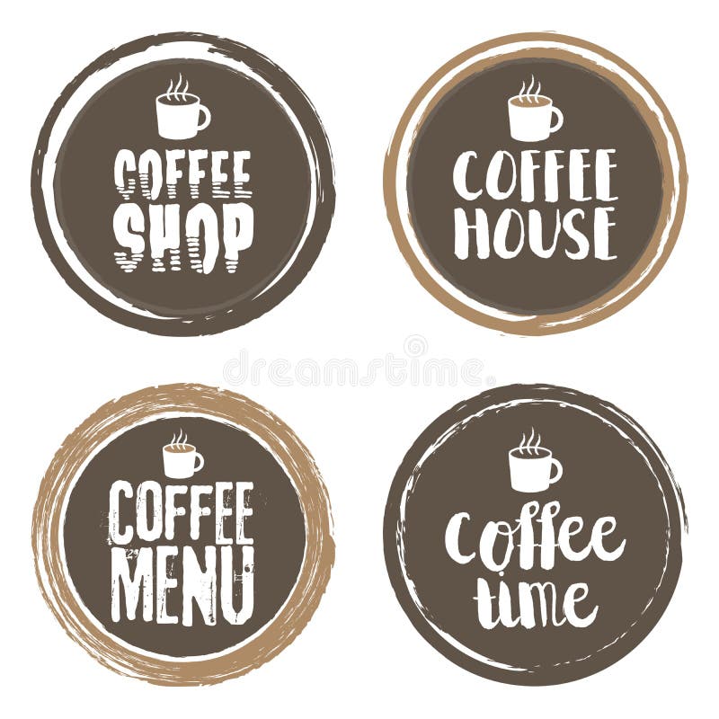 Coffe Menu Letters and Cup. Grunge Circle Set Stock Illustration ...
