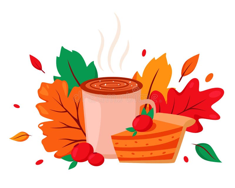 Hello Autumn. Coffee Cup with Cake on Autumn Leaves Background. Vector ...