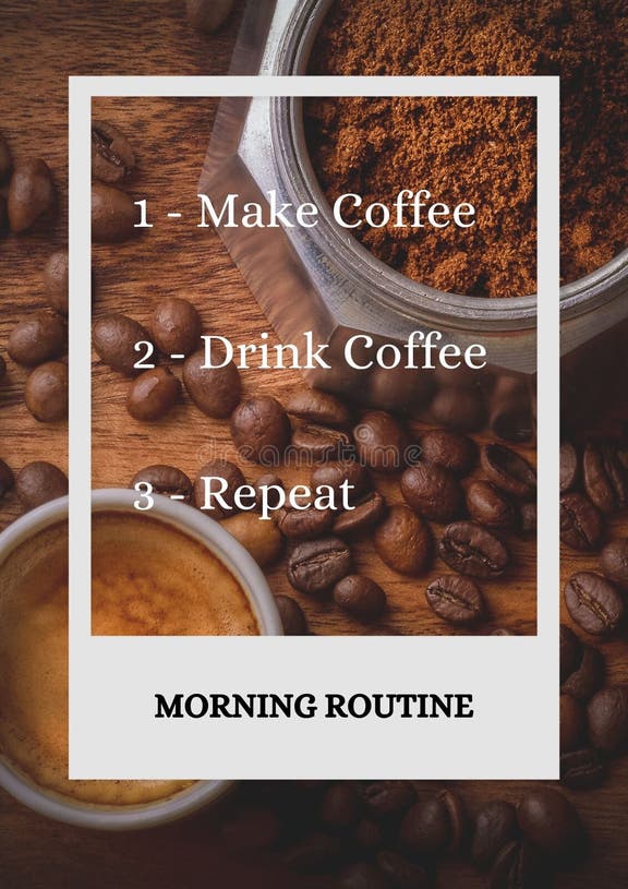 Lettering `Morning Routine` with Coffee Cup and Italian Coffee Machine ...