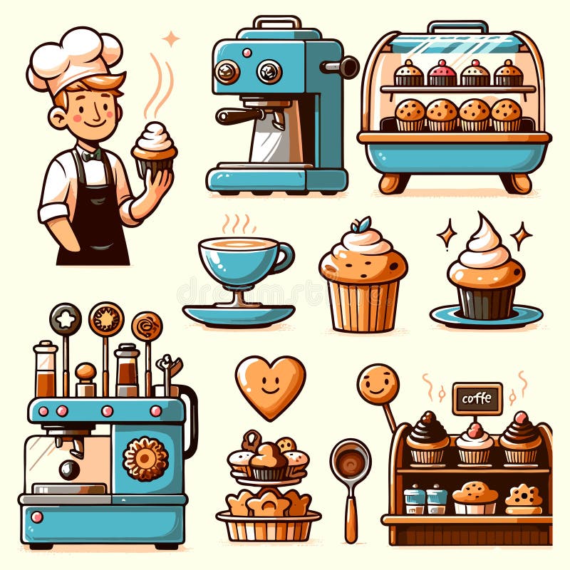 Set of Cafe Bakery Decor Releated Items with Chef Cartoon Character ...