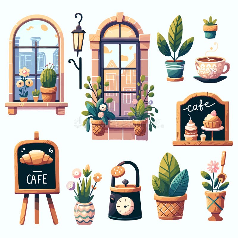 Set Cafe Decor Releated Illustrative Icons in White Background. Stock ...