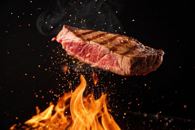 A Juicy Steak Hovers Above a Flame, with Grill Marks Visible on the ...