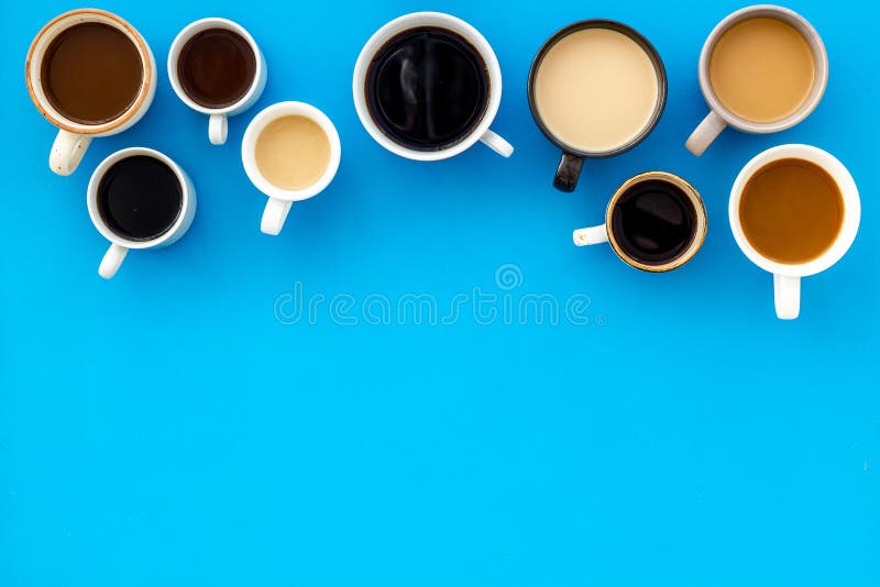 Coffee Addiction. Many of Cups on Blue Table Top View Space for Text ...