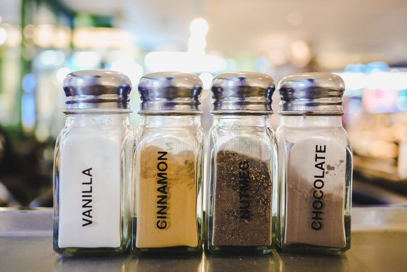 Coffee Additives in the Coffee Shop Including Vanilla, Cinnamon, Stock ...