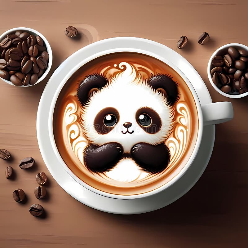 A Coffee Art, a Cute Panda in a Cup of Coffee, Coffee Beans, Drink Art ...