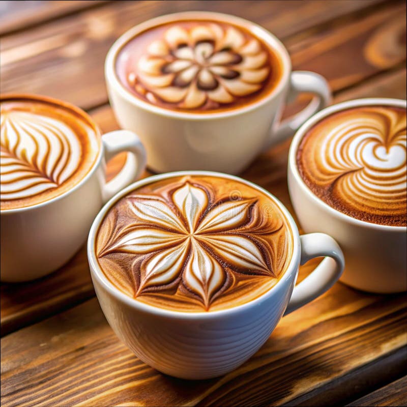 Coffee Art with Latte Foam Designs in a Cozy CafÃ© Setting Stock ...
