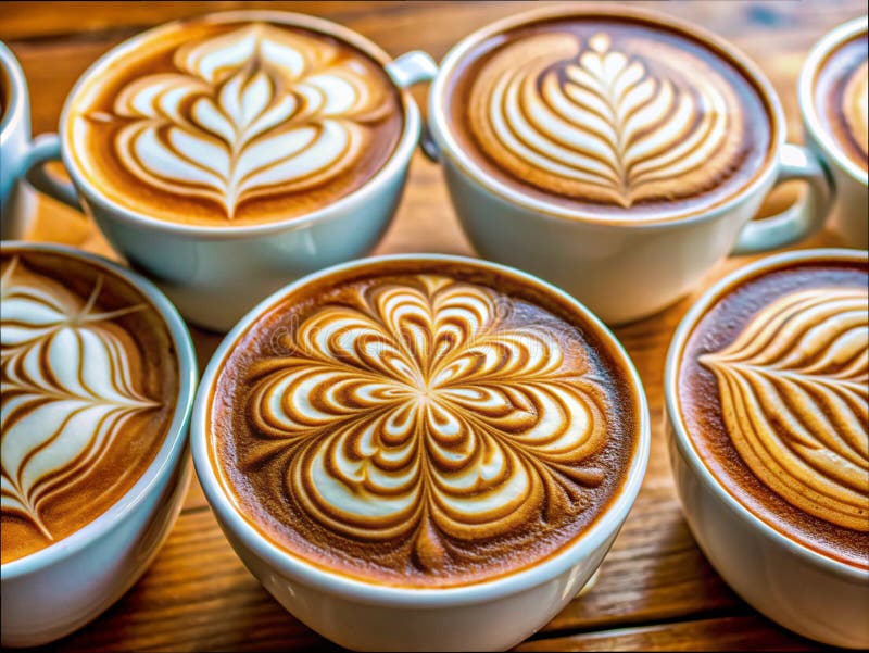 Coffee Art with Latte Foam Designs in a Cozy CafÃ© Setting Stock ...