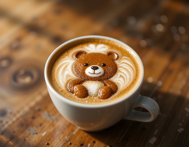 Coffee Art Presenting a Teddy Bear in a Cup on Table Stock Illustration ...