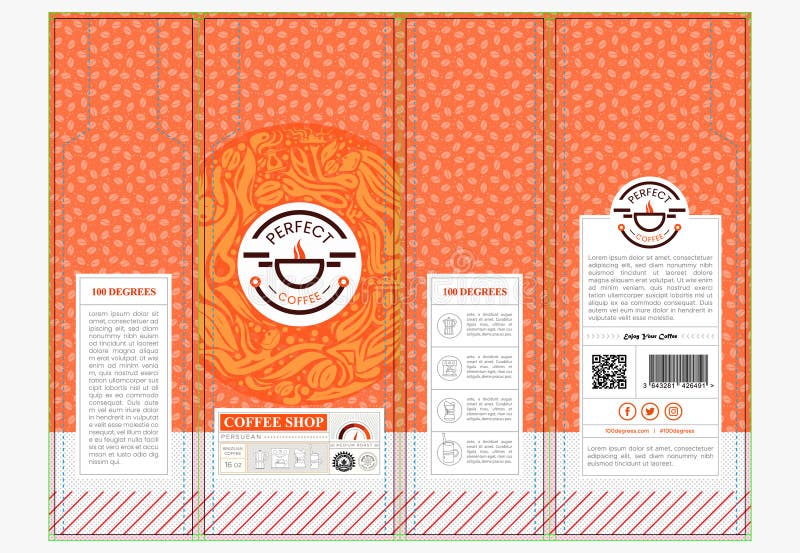 Coffee Bag Packaging with Die Line and Safe Margin. Orange Version ...