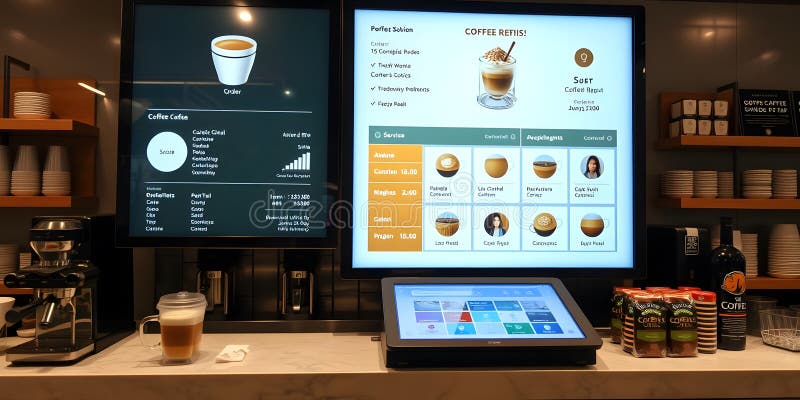 Coffee Bar with Digital Screens and Customer Personalization Features, Offering an Interactive ...