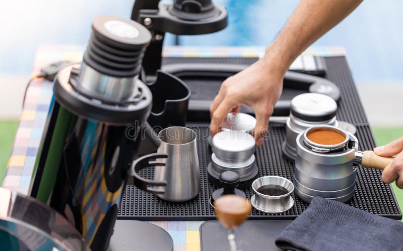 Coffee Barista Making a Hot Coffee with Many Types of Equipment on the ...