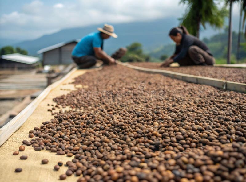 Coffee Bean Drying Field, High Angle, Blurred Background Stock Illustration - Illustration of ...
